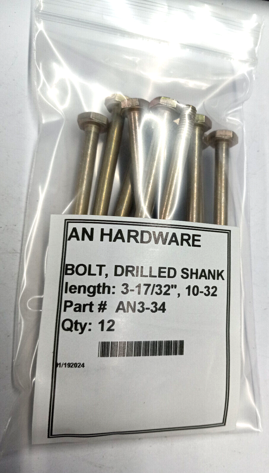 AN Part # AN3-34 length: 3-17/32", 10-32, Bolt, drilled shank (12/PACK ...