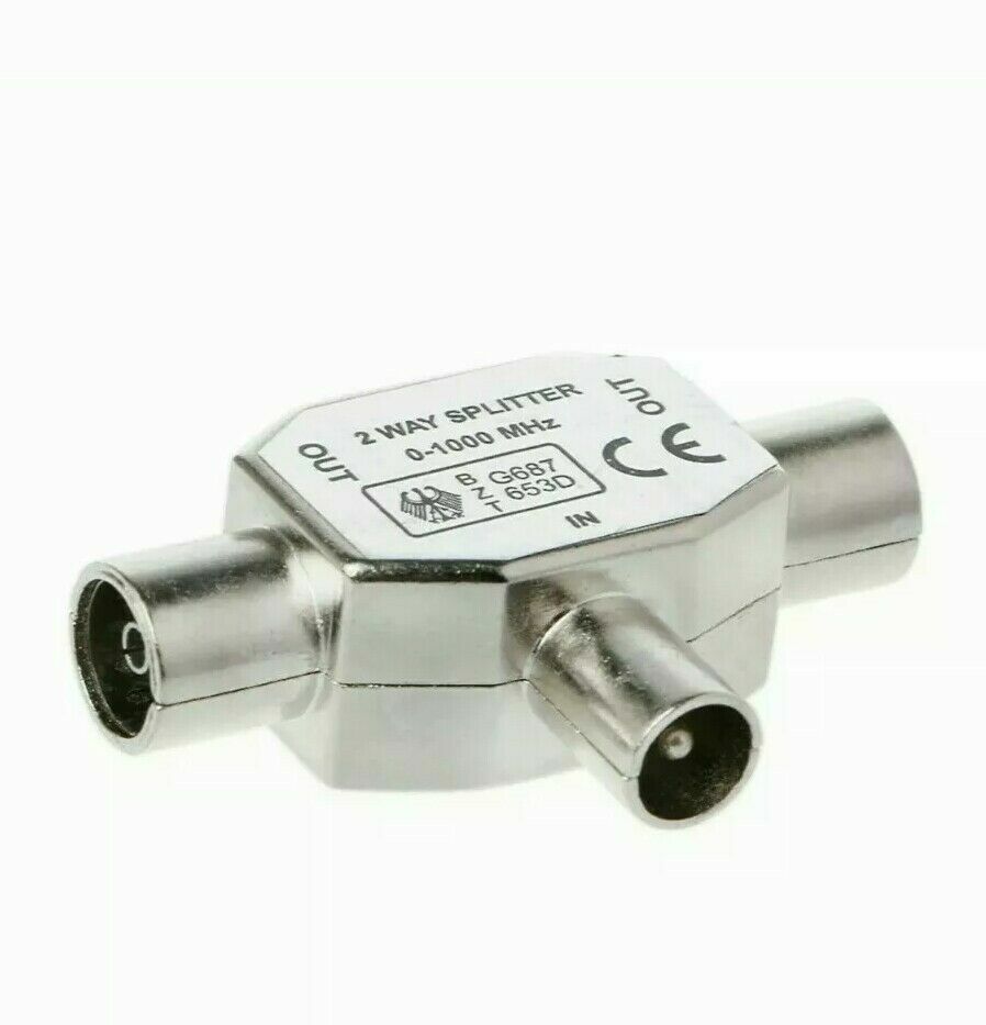 2 WAY COAX TV AERIAL CABLE SPLITTER 1 MALE TO 2 FEMALE ARIEL ADAPTER UK ...