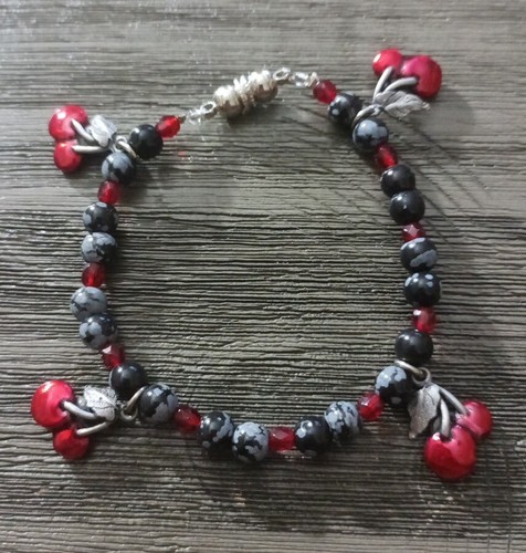 Snowflake Obsidian Red Glass Bead Enamel Cherry Charm Magnetic Closure ...