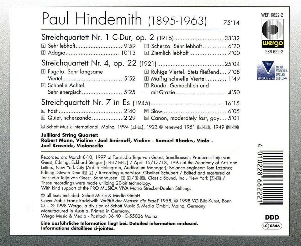 Juilliard String Quartet Hindemith/string Quartets No 1, 4 and 7 (CD) Album 4010228662221| eBay