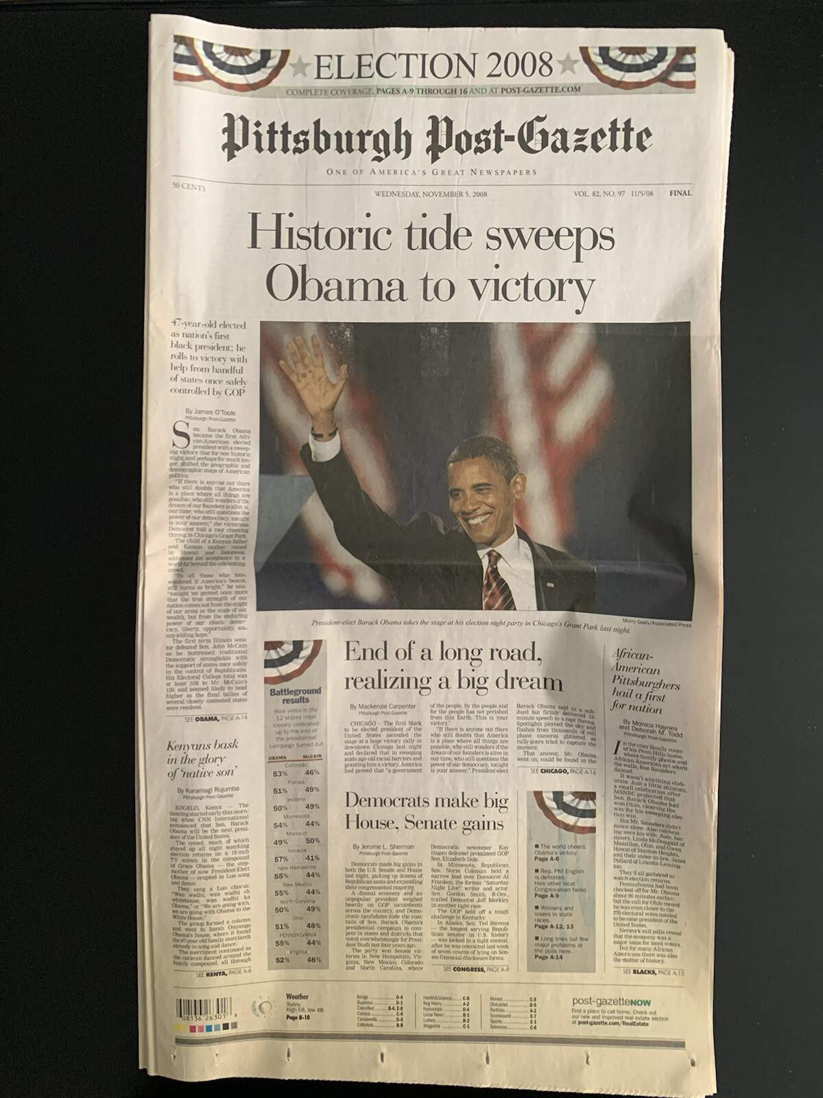 Pittsburgh Post-Gazette "Historic Tide Sweeps Obama to Victory ...