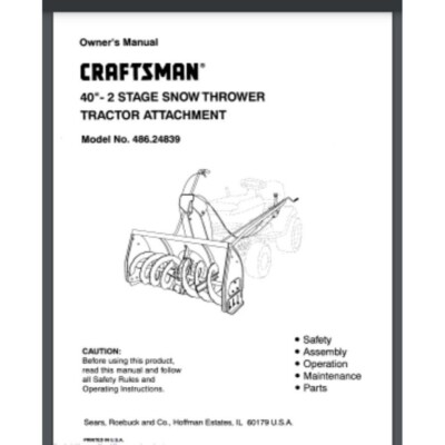 Craftsman Tractor snow Blower Attachment 486.24839 Owner's parts Manual ...