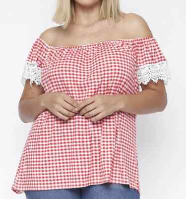 Red White SIZE 3X Short Sleeve SHIRT TOP Off Shoulder GINGHAM Womens ...