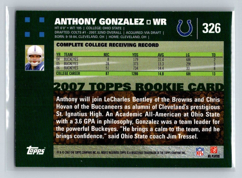 2007 Topps Rookie RC #326 Anthony Gonzalez Indianapolis Colts Football ...