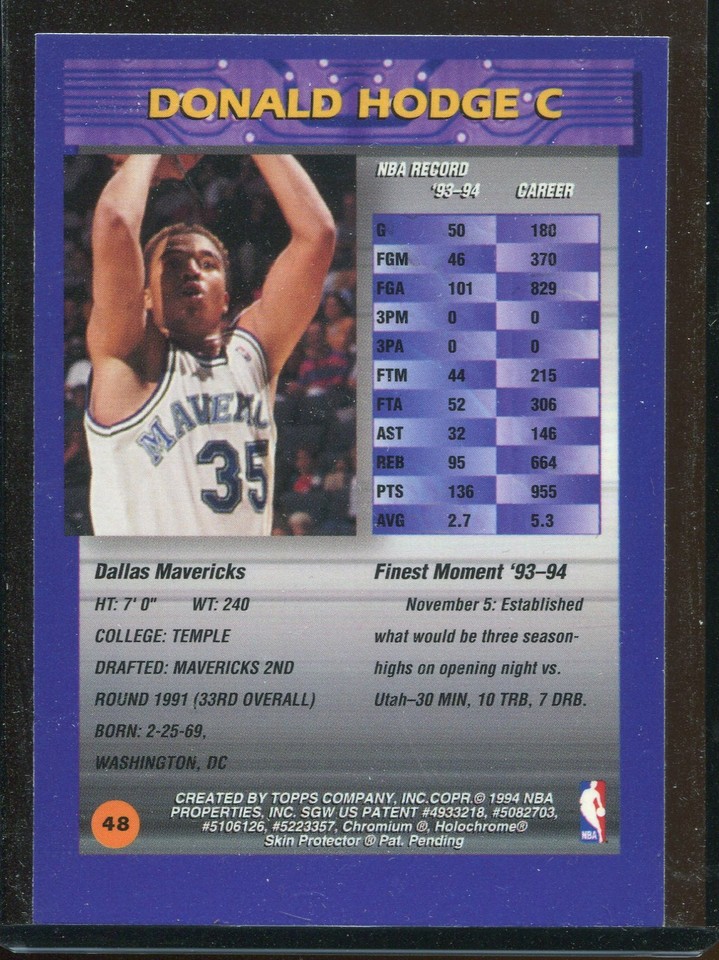 1994 Topps Finest Basketball w/coating Donald Hodge #48 Dallas ...