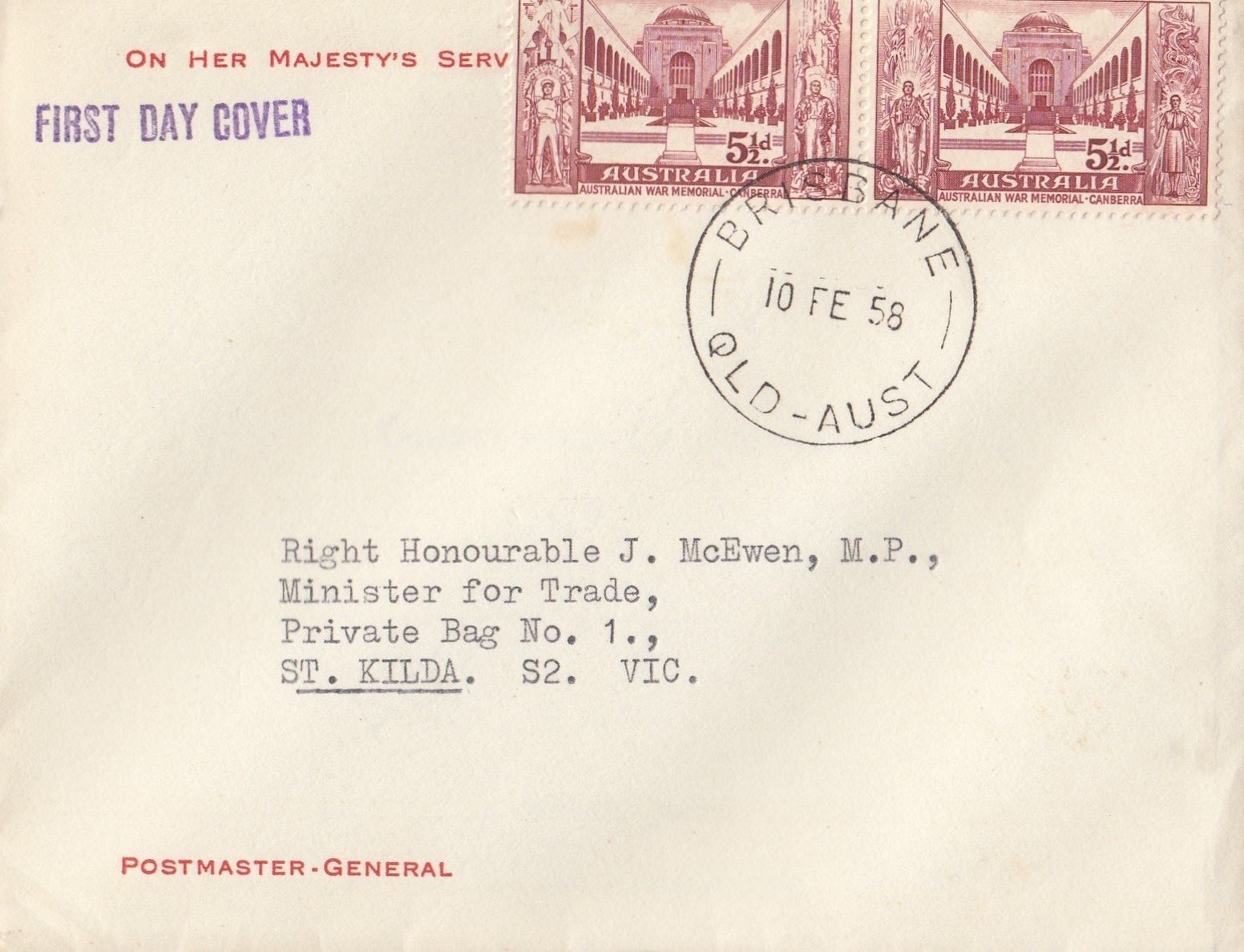 Stamps Australia 1958 War Memorial Postmaster General cachet FDC to J ...