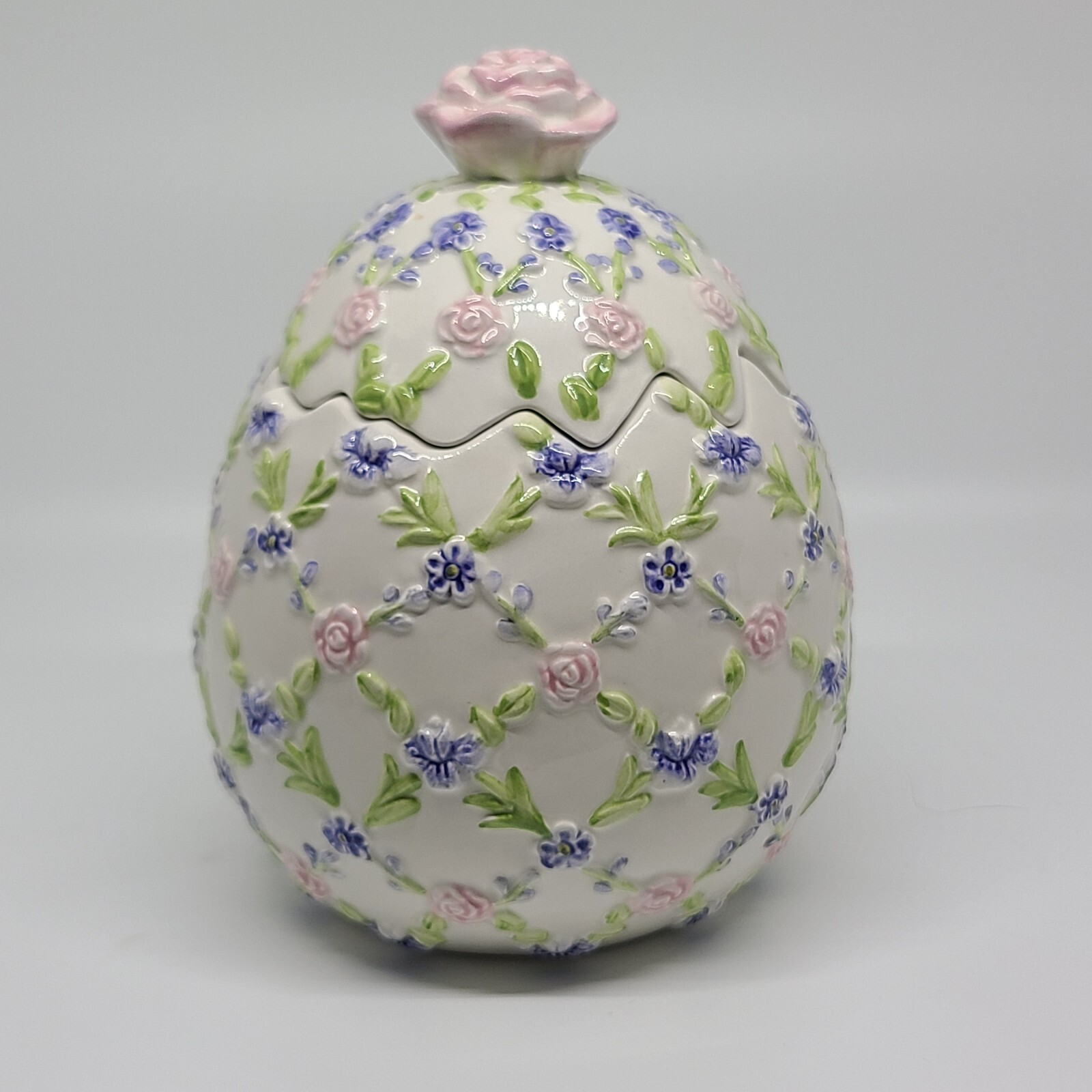 Vtg Painted Ceramic Lidded Easter Egg Candy Dish Trinket Flowers Roses ...