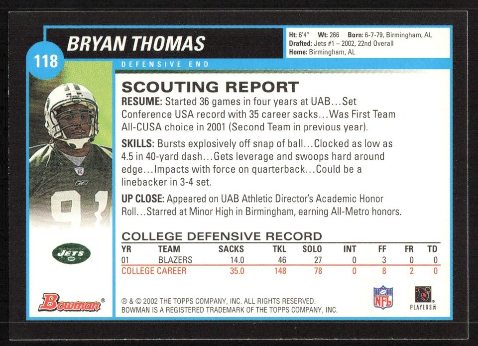 2002 Bowman Football Card Bryan Thomas RC #118 New York Jets | eBay