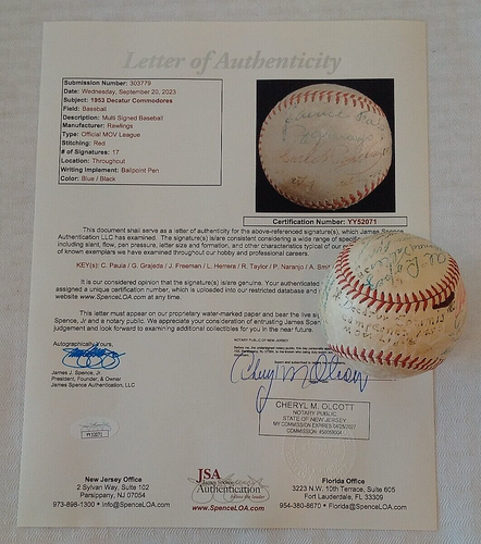 1953 Decatur Commodores Team Signed Autographed JSA Baseball CARLOS ...