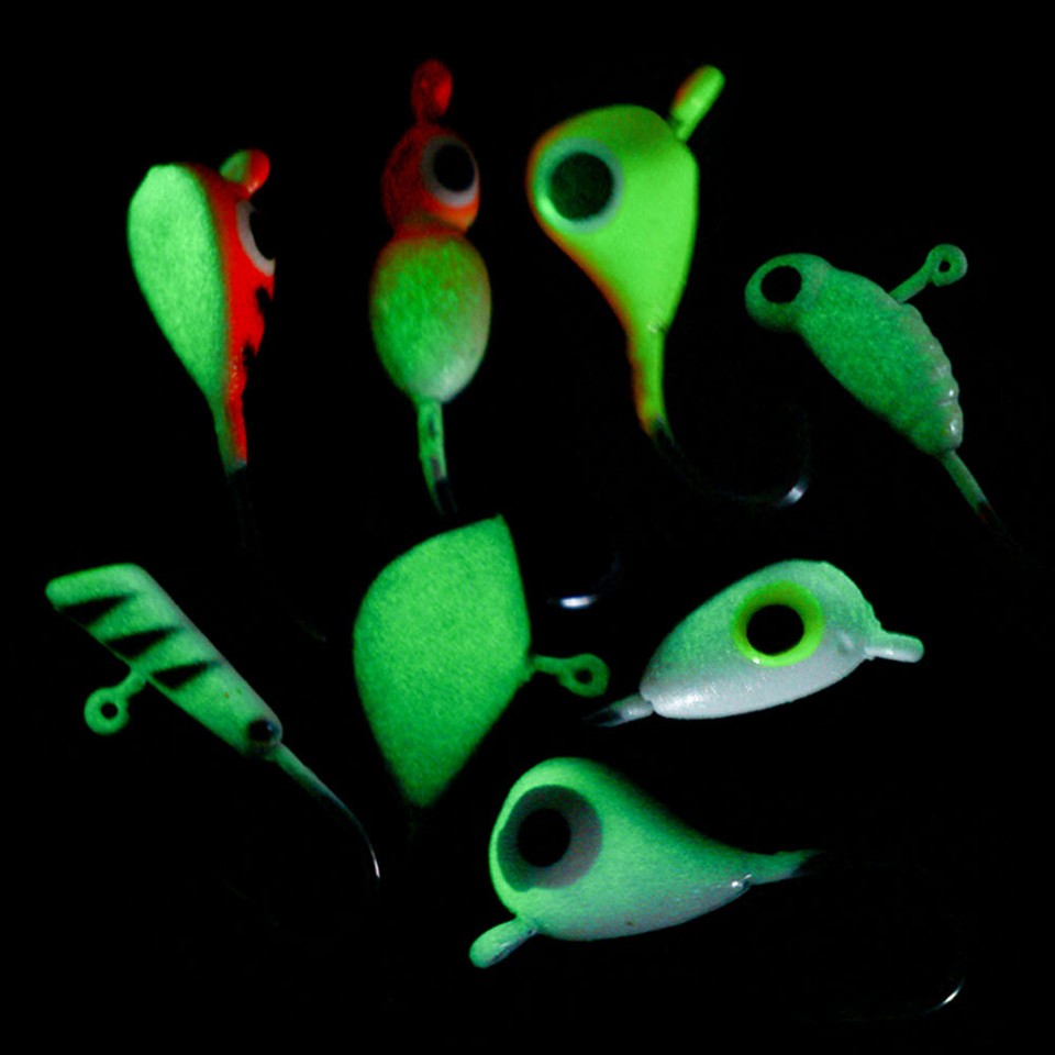 48PCS Glow Lead Jigs Fishing Hooks Crappie Ice Lure Jig Head Bait Box ...