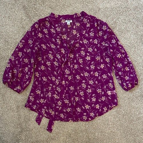 Old Navy Purple Yellow Floral Blouse Long Sleeve Sheer Shirt Womens ...
