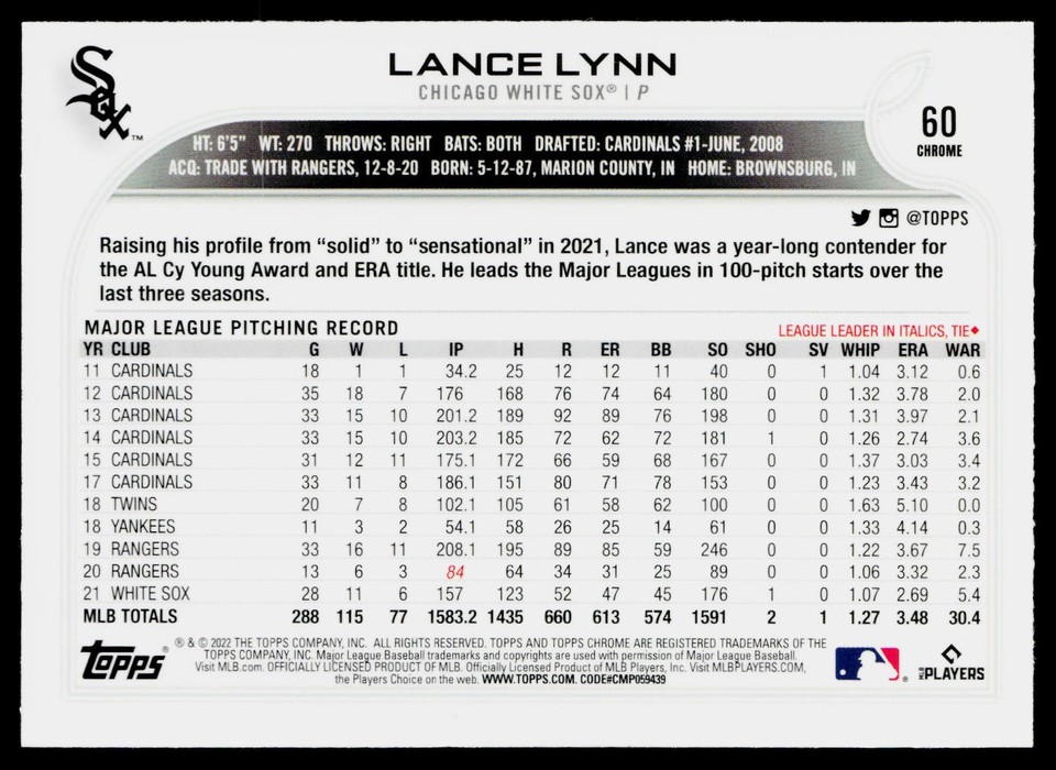 2022 Topps Chrome S #60 Lance Lynn | eBay