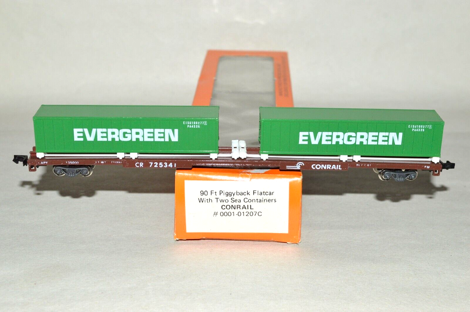 N scale Con-Cor Conrail RR 90 piggyback EVERGREEN CONTAINERS LOAD flat ...