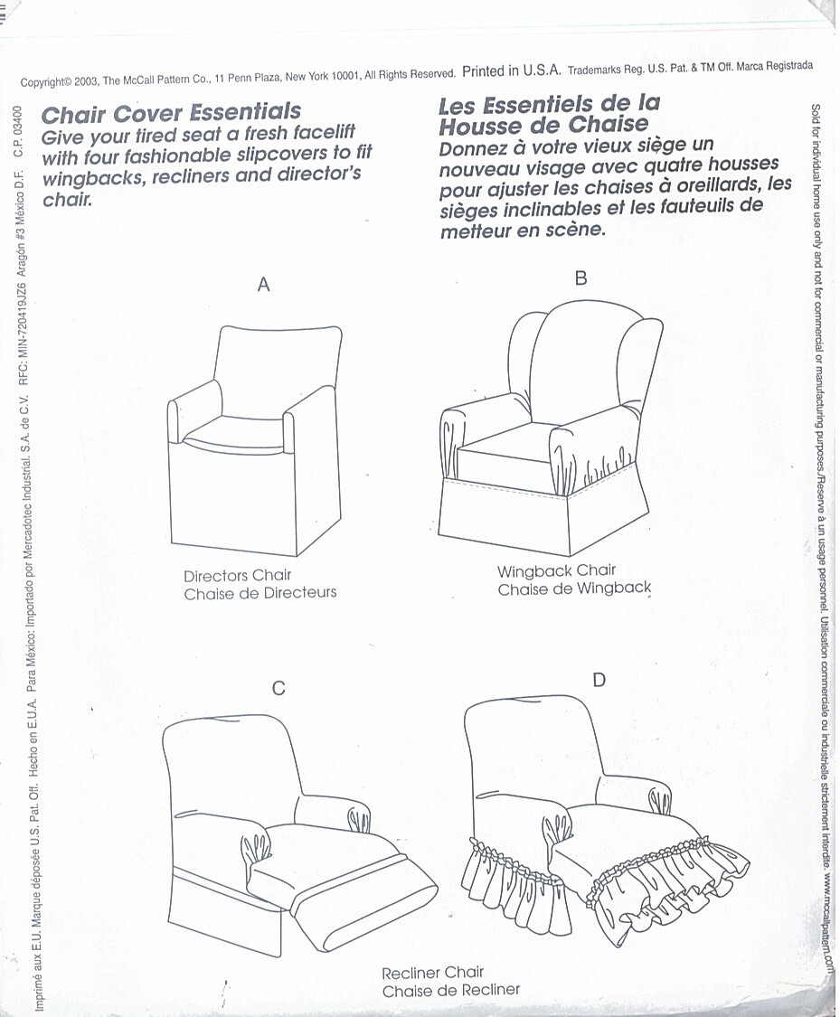 McCall's Sewing Pattern 4069 Chair Slip Cover Wingback Recliner Home ...