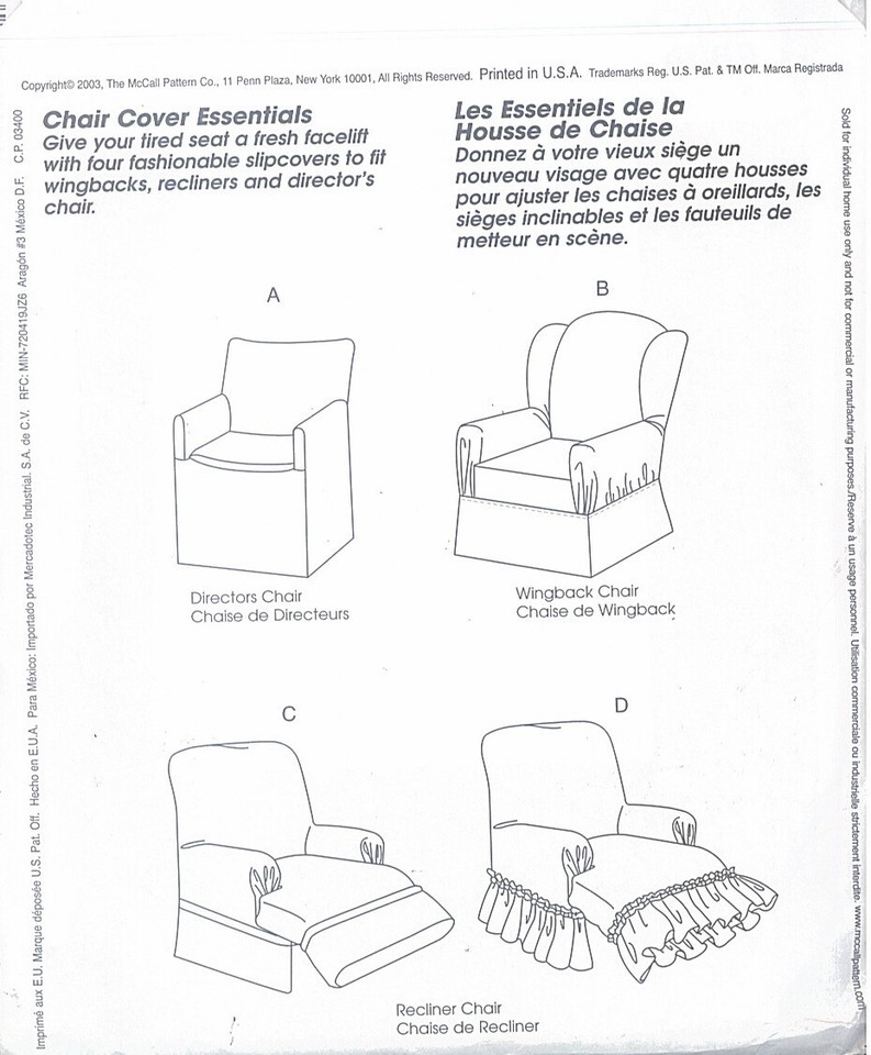 McCall's Sewing Pattern 4069 Chair Slip Cover Wingback Recliner Home ...