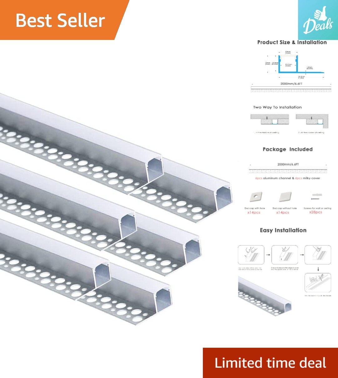 Plaster-in LED Channel 6 Pack 6.6FT/2 Meter Trim Edge LED Strip ...