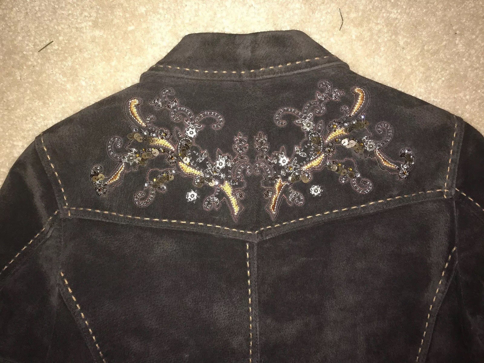 CWC Coldwater Creek suede leather bead jean jacket style coat blazer ...