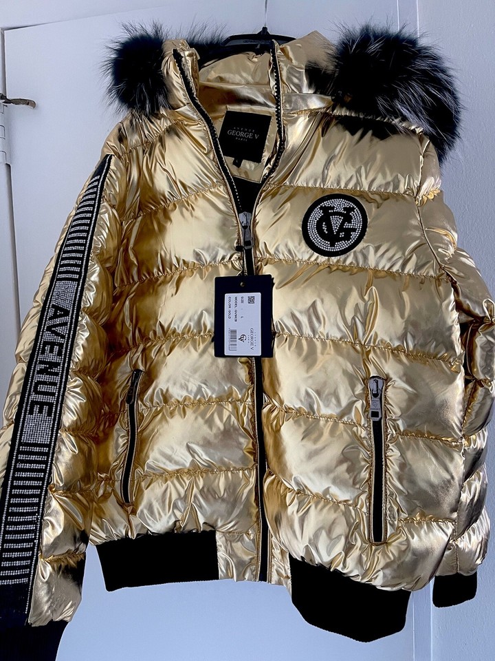 Avenue George V Paris Puffer Jacket Gold Rhinestone High Fur on Hood ...