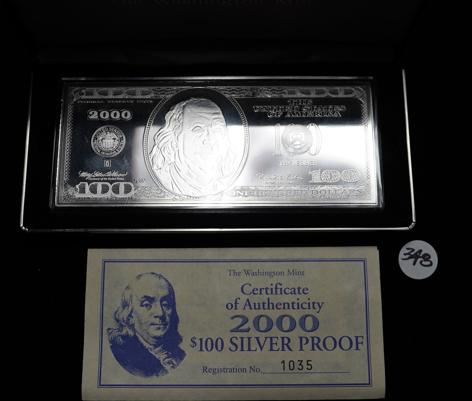 2000 US 100 silver bill Washington Mint 4 Troy ounces .999 fine silver ...