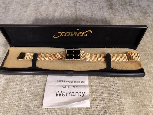 Vintage Xavier w/Diamonds Quartz Gold Plated Retro Black Mens Watch w ...