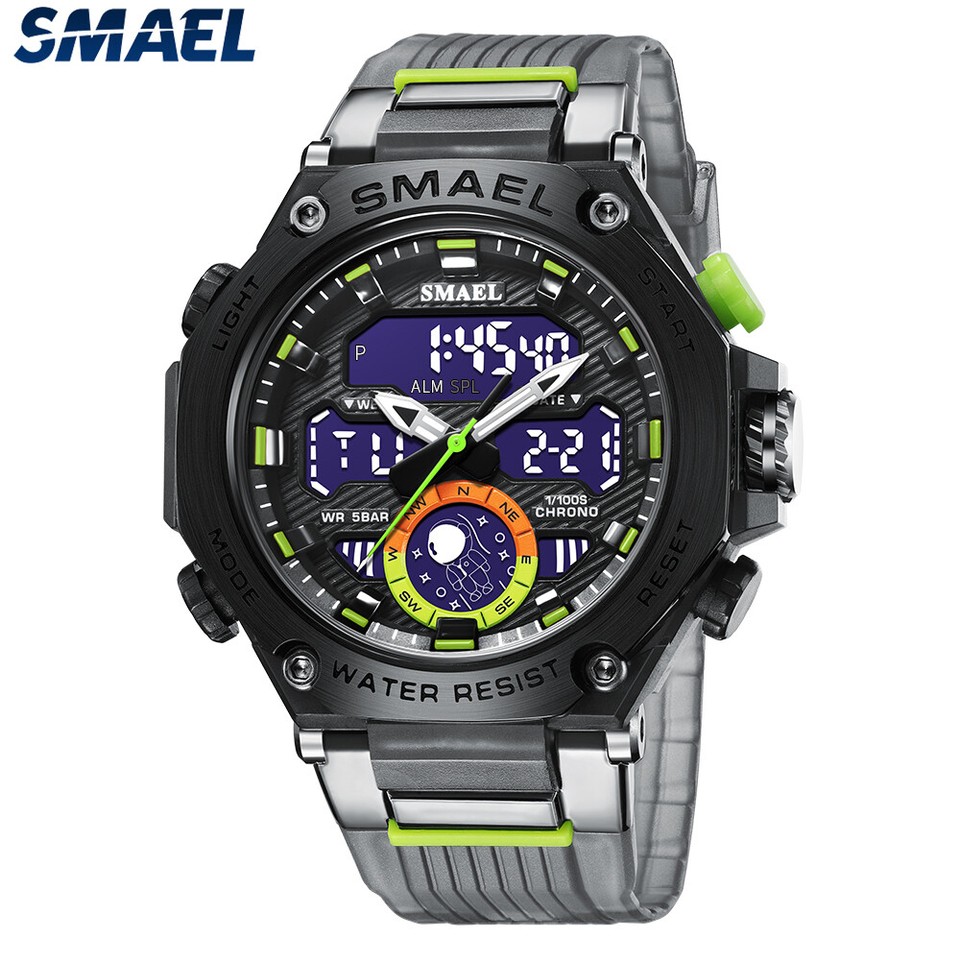 SMAEL Brand Men Digital LED Watch Dual Time Gold Watches Rubber ...