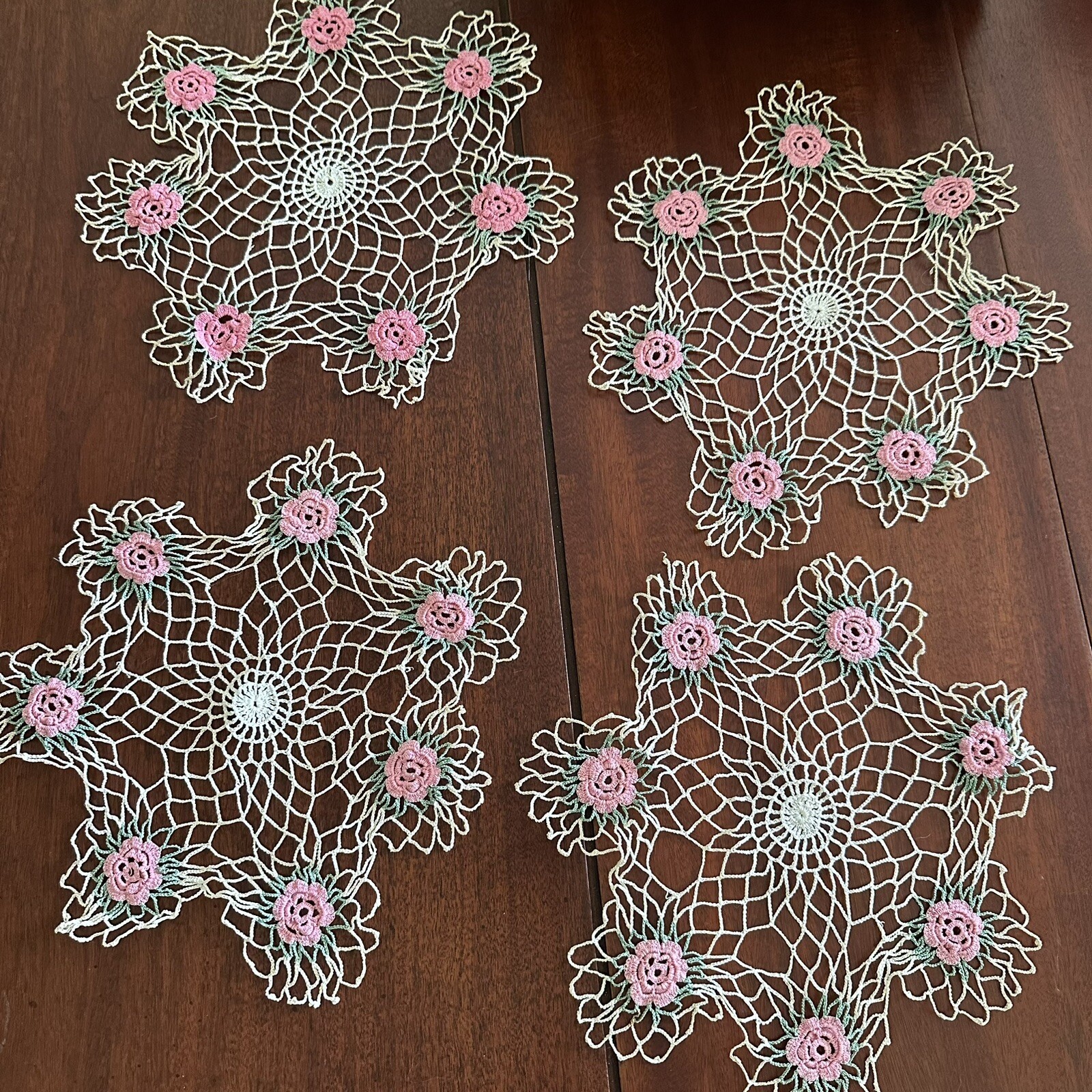 Vintage Crochet White Open Lace Pink Rose Doily 12” Lot Of 4 Cottage ...