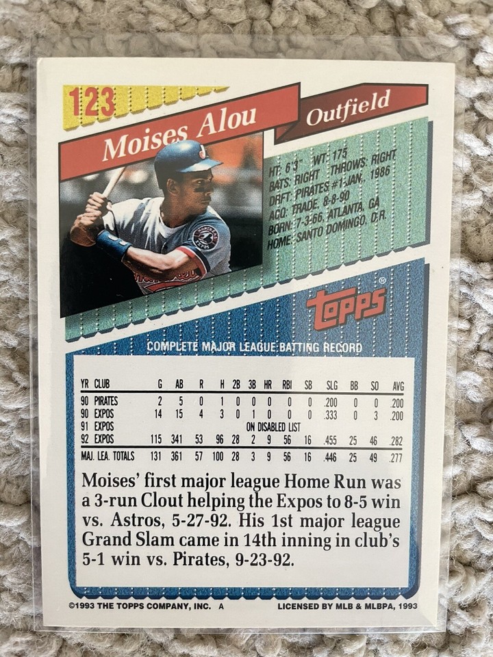 1993 Topps Gold - Moises Alou - Baseball Card #123 Montreal Expos MLB ...