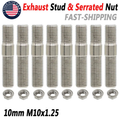 8pcs 10mm M10x1.25 Exhaust Stud & Serrated Nut Manifold Flange For ...