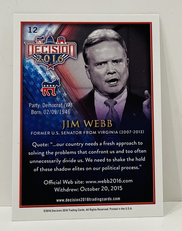 Decision 2016 Jim Webb Political Trading Card #12 NM-M | eBay