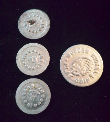 Interesting Lot of 4 Miniature Aluminum Play Coins 3-Dimes / 1-"Wooden ...