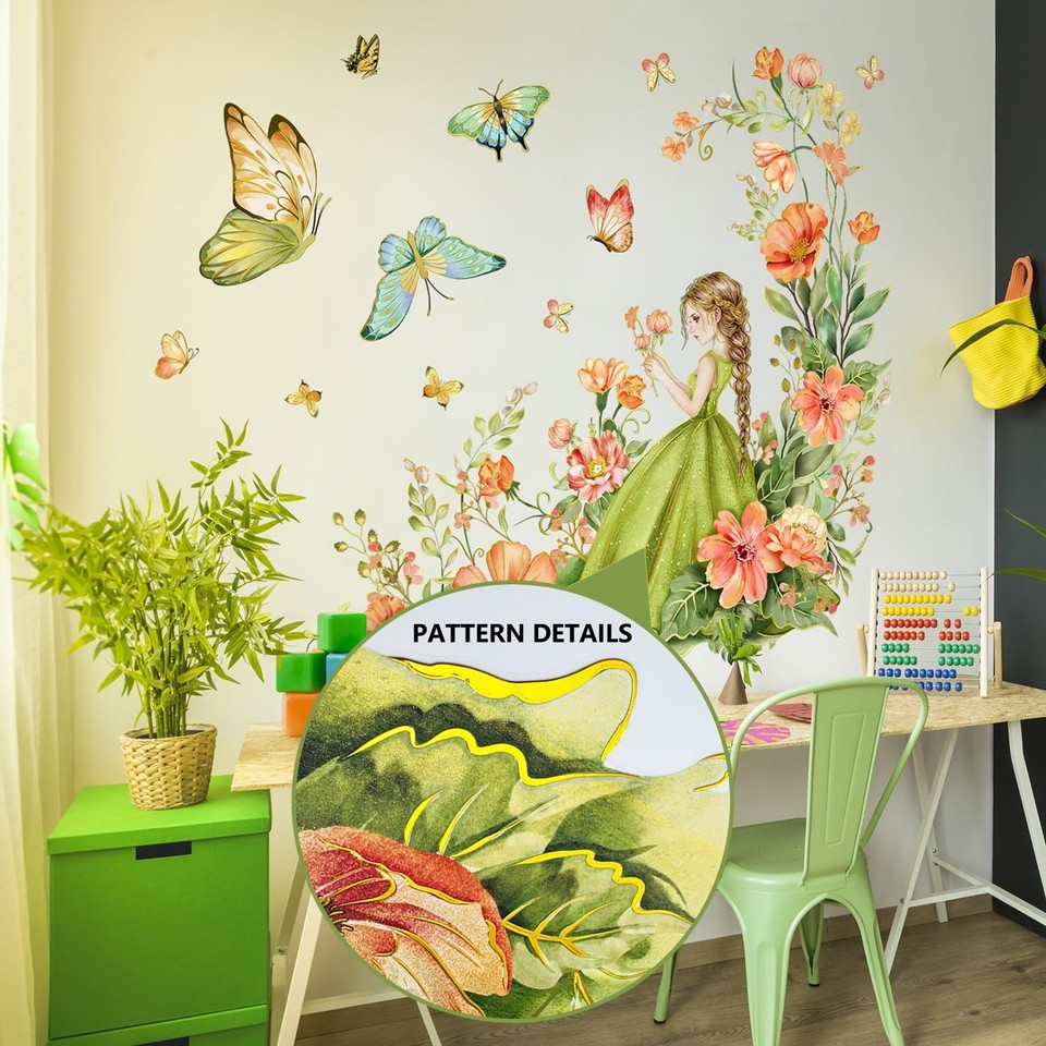 Flower Fairy and Butterfly Wall Stickers Fantasy Theme Wildflower with ...