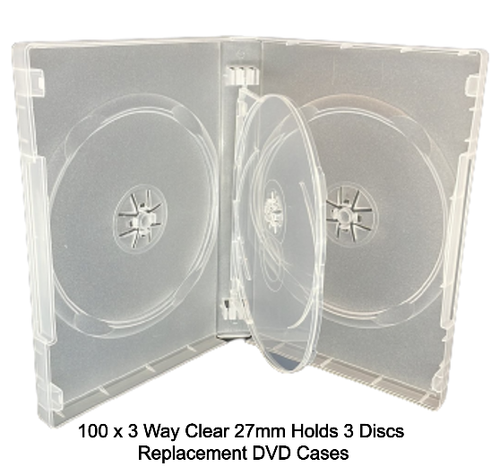 100 x 3 Way Clear DVD 27mm Spine Holding 3 Discs Empty New Replacement ...
