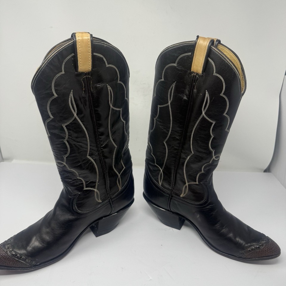 Vintage Tony Lama Black Leather Cowboy LIZARD WING TIP Western Boots ...