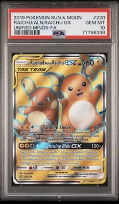 2019 POKEMON RAICHU ALOLAN RAICHU GX FULL ART TAG TEAM 220/236 PSA 10 ...