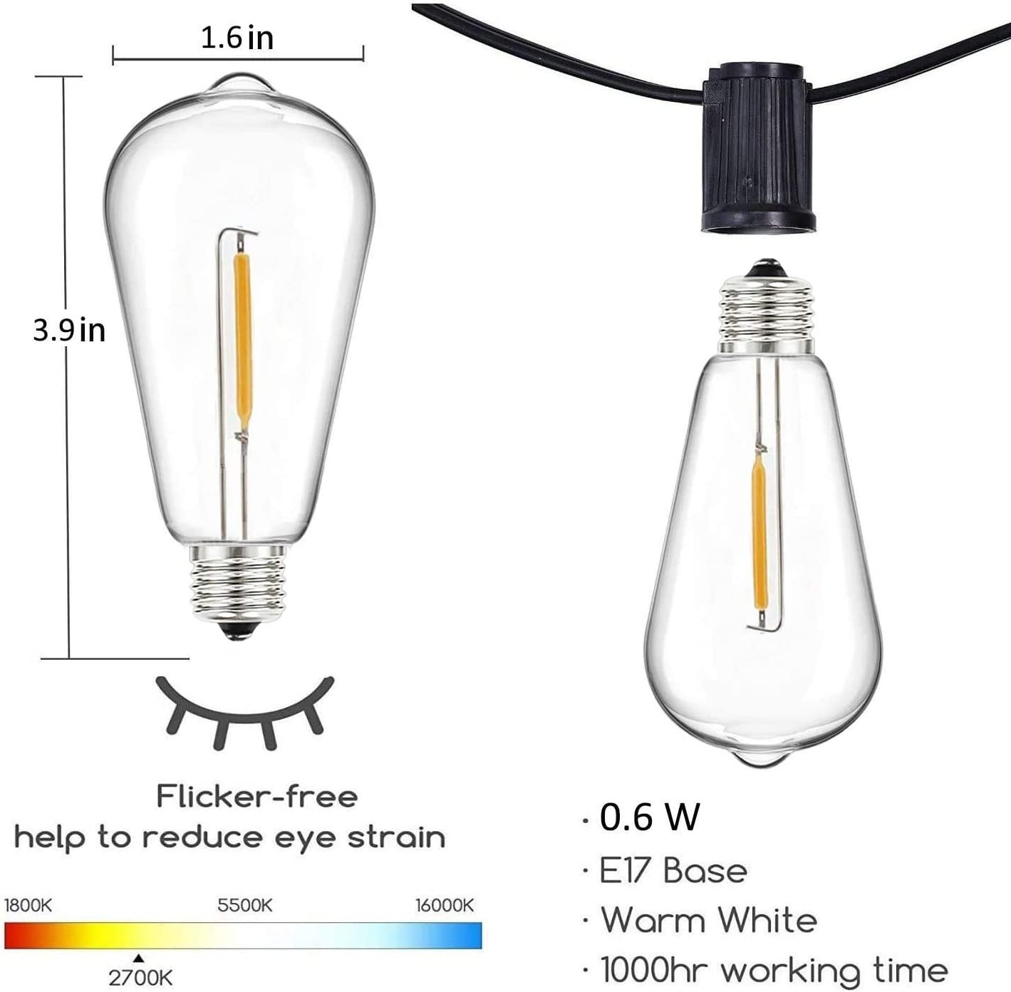 10-Pack LED Light Bulbs,0.6Watt C9/E17 Screw Base ST40 Replacement ...