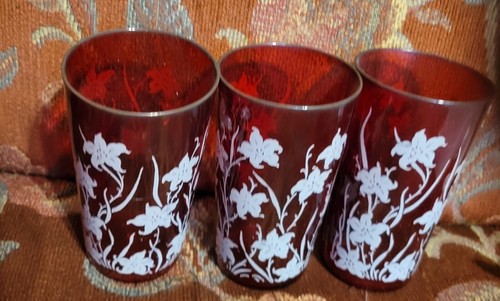3 Anchor Hocking Royal Ruby Red Glass Tumbler with White Painted Lilies ...