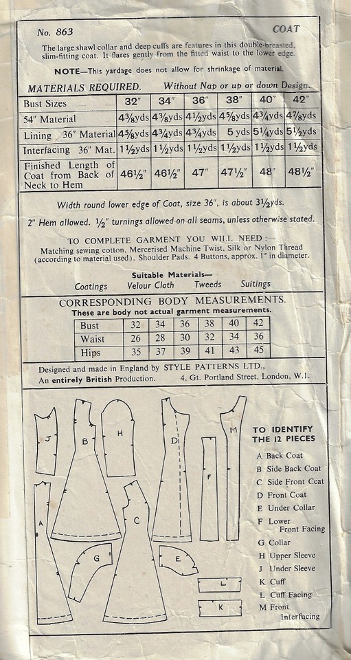 1950s Vintage Sewing Pattern COAT B36" (R309) | eBay