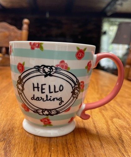 Clay Art Hello Darling Mug Stripes Flowers Blue Pink White Coffee Tea ...
