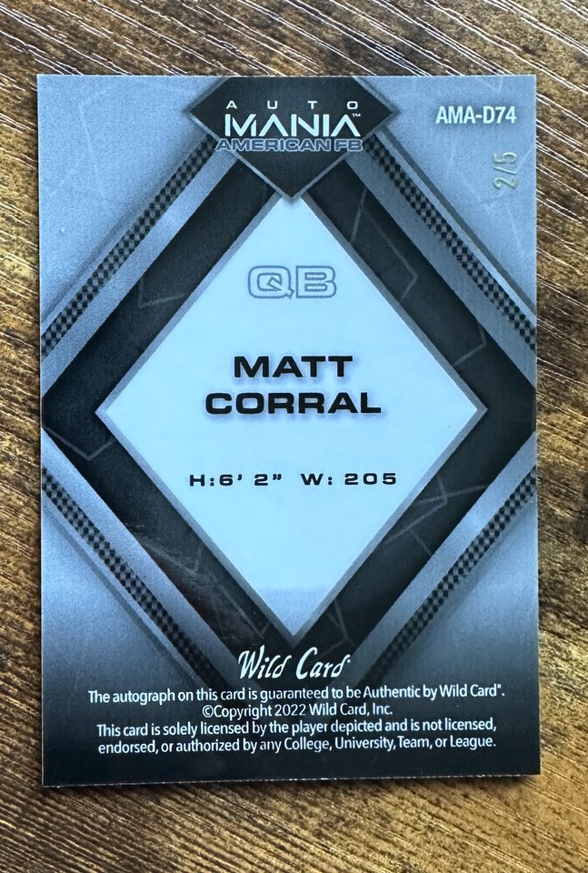 2022 Wild Card Auto Mania Auto #AMA-D74 Matt Corral /5 #X7878 | eBay