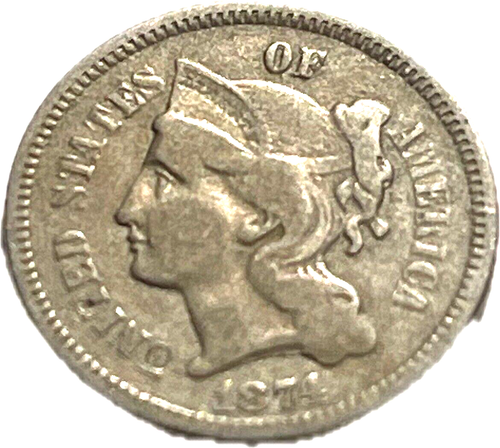 1874 3 CENT NICKEL NICE DETAILS VF CONDITION AT MINIMUM. VERY NICE COIN ...