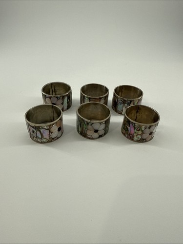 VINTAGE ABALONE Flowers MOTHER OF PEARL NAPKIN RING SET 6 Silver Mexico ...