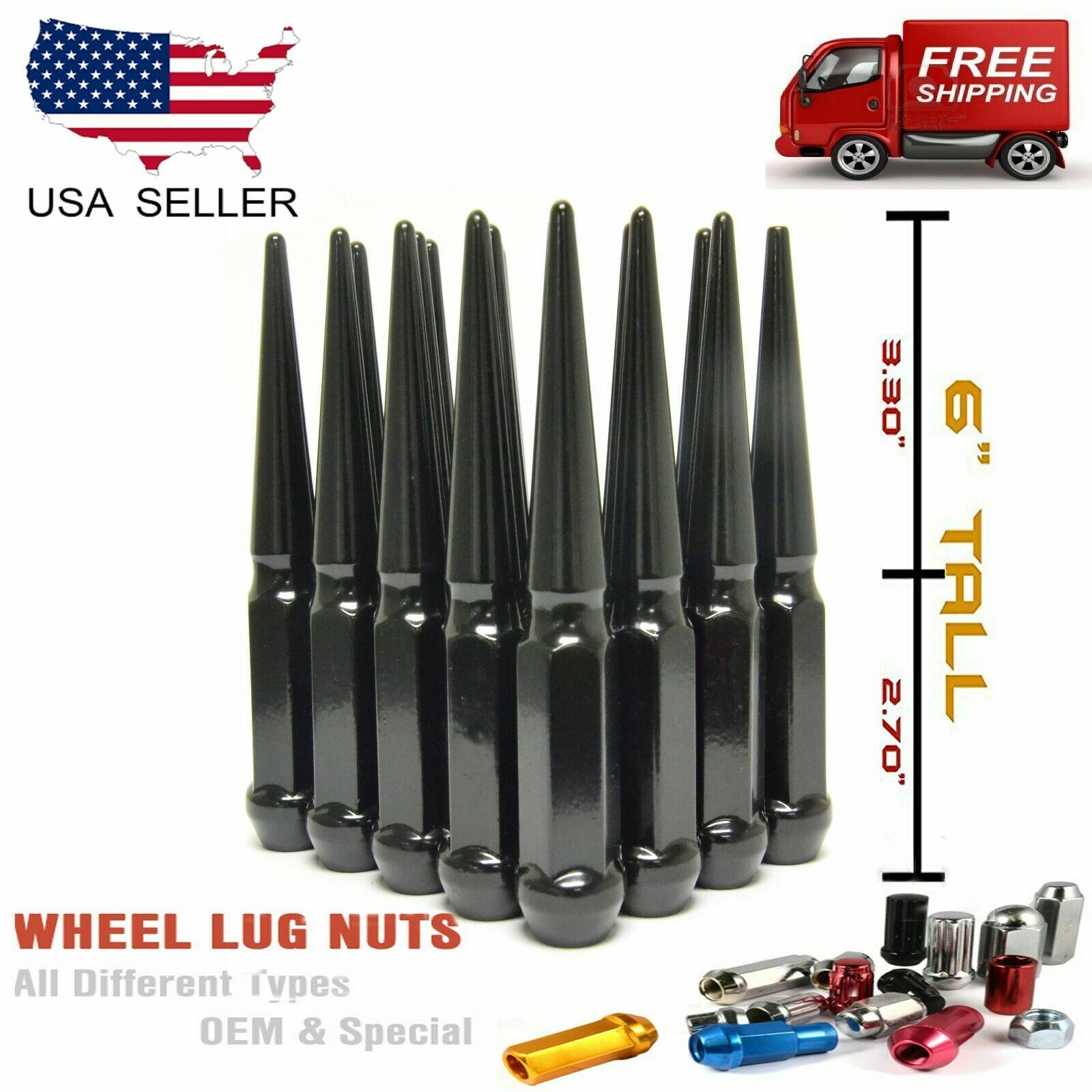 32 PCS CHEVROLET FORD HUMMER 14X1.5 THREAD BLACK SPIKE LUG NUTS 6" TALL ...