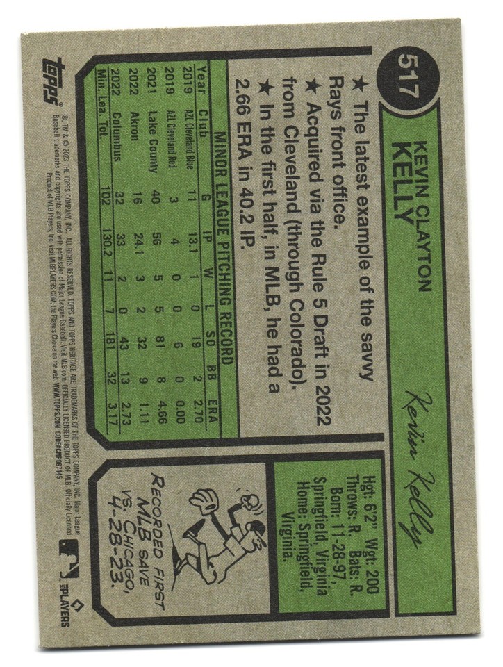 2023 Topps Heritage #517 Kevin Kelly RC Rookie Card Tampa Bay Rays | eBay