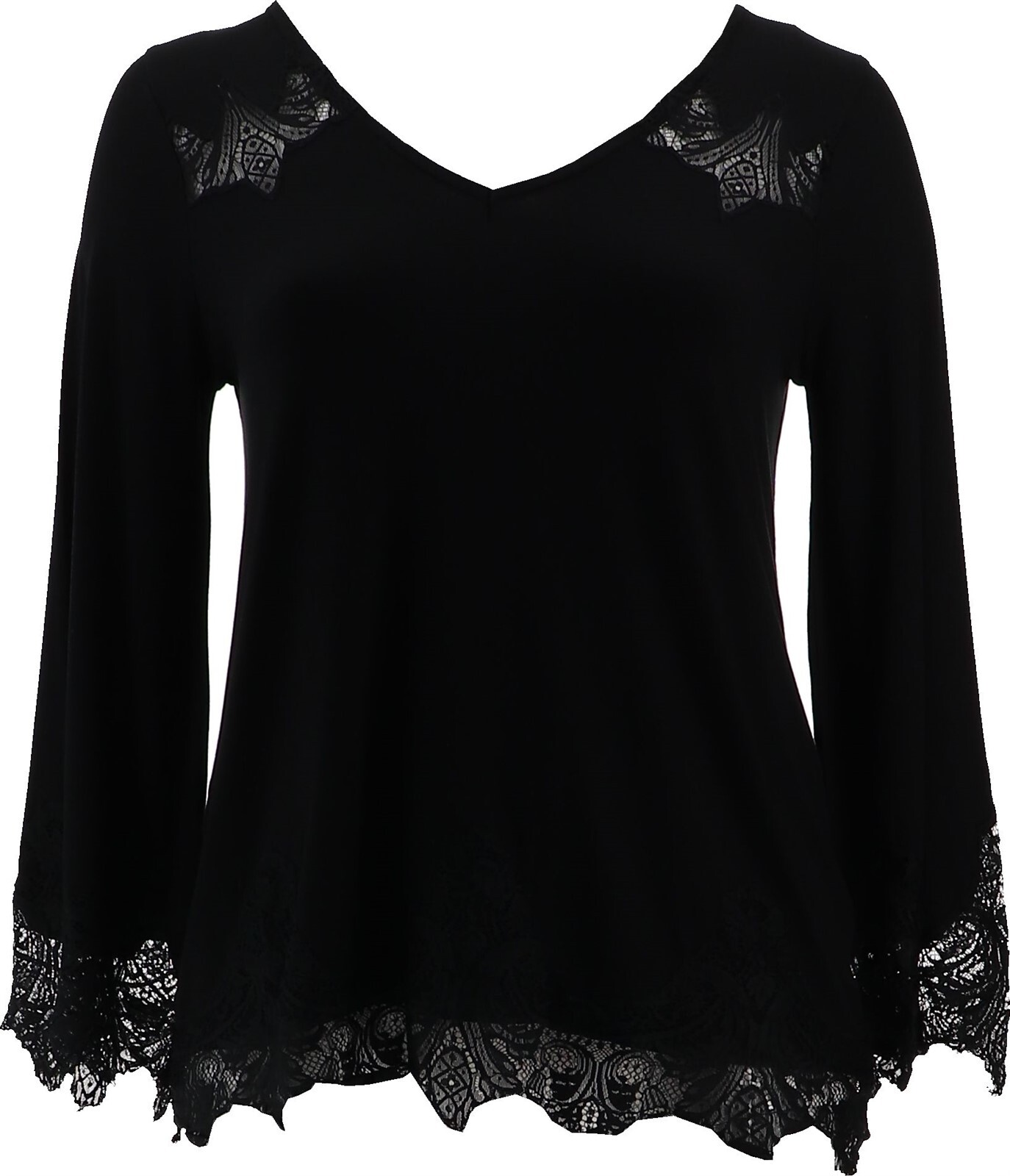 Colleen Lopez Long Bell Slv Lace Inset Top Black M NWOT (212) | eBay