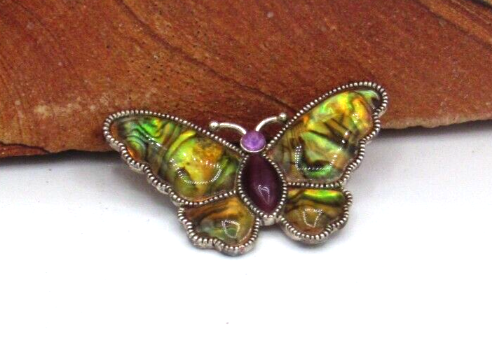 Golden Abalone Shell Silver tone Butterfly Rhinestone Brooch Vintage 2 ...