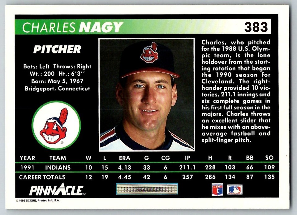 1992 PINNACLE CHARLES NAGY CLEVELAND INDIANS #383 | eBay