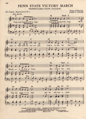 PENN STATE UNIVERSITY Song Sheet c1970 "Penn State Victory March ...