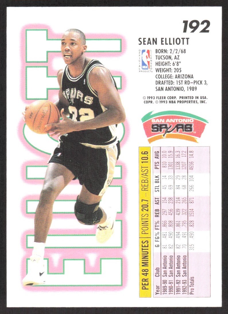1993-94 SEAN ELLIOTT FLEER #192 SAN ANTONIO SPURS | eBay