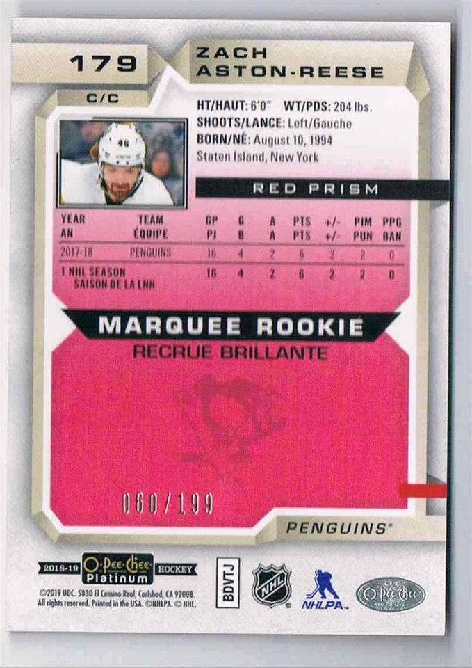 2018-19 O-PEE-CHEE OPC PLATINUM RED PRISM ZACH ASTON-REESE ROOKIE 060/ ...