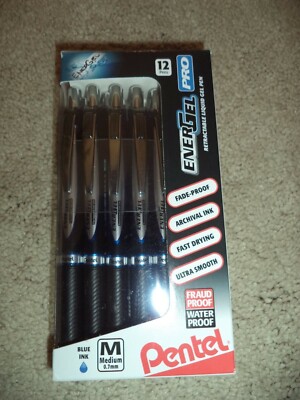 12 PENTEL EnerGel PRO BLUE FRAUD PROOF INK Gel Pens 0.7 mm BLACK Silver ...